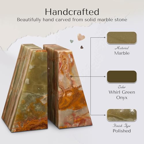 Modern Wedge Marble Bookends β Hand Carved, Polished Stone Bookends w/Non-Slip Rubber Pads β Lightweight & Compact Decorative Bookends (Whirl Green Onyx)