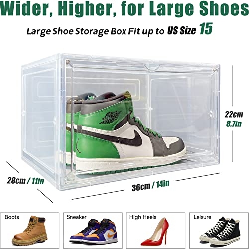 EZLucky 3 Pack Large Shoe Boxes Clear Plastic Stackable, Side Open Shoes Organizer with Magnetic Door, Clear Shoe Boxes Stackable for Display Sneakers, Fit Shoe Size Up to US 15 (14.2x11x8.7in)
