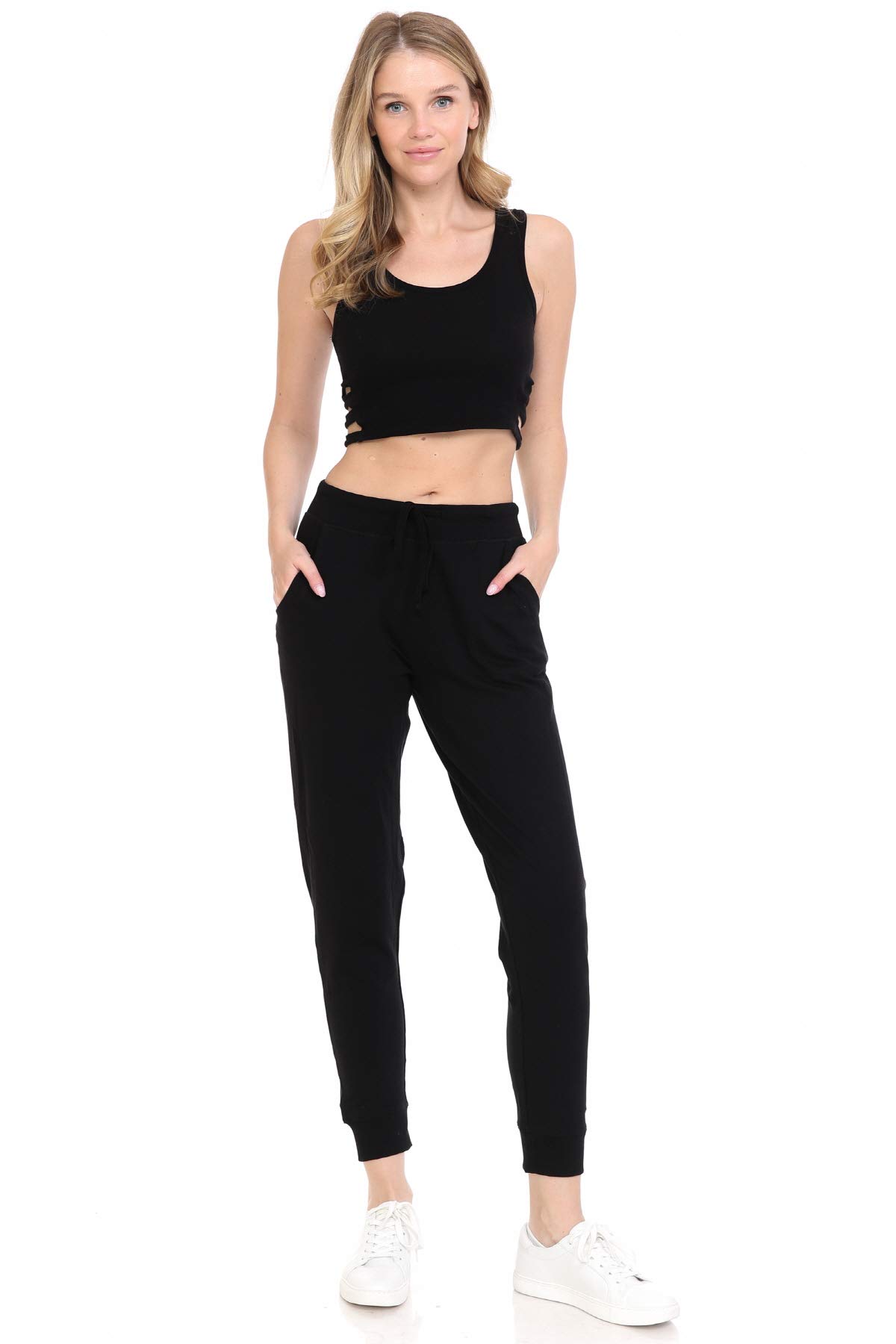 Leggings Depot Women's Cotton Jogger Sweatpants French Terry Yoga Pants with Pockets, Black, Small