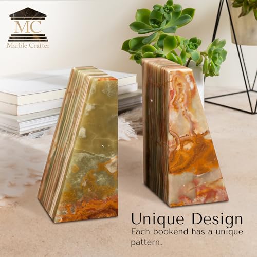 Modern Wedge Marble Bookends β Hand Carved, Polished Stone Bookends w/Non-Slip Rubber Pads β Lightweight & Compact Decorative Bookends (Whirl Green Onyx)