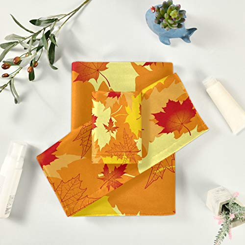 Fall Bathroom Towels Sets Fall Design Towel Set of 3, 1 Bath Towels 1 Hand Towels 1 Washcloth Soft Highly Absorbent Multipurpose for Kitchen Beach Gym Spa Decorative, Autumn Yellow Maple Leaves