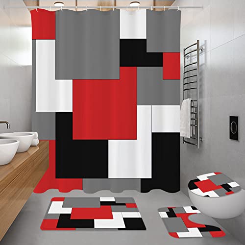 Gibelle 4 Pcs Geometric Red Shower Curtain Set with Non-Slip Rugs, Toilet Lid Cover and Bath Mat, Black Grey Modern Bathroom Decor Set with Shower Curtain and Rugs and Accessories