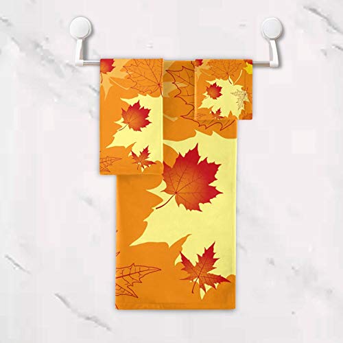 Fall Bathroom Towels Sets Fall Design Towel Set of 3, 1 Bath Towels 1 Hand Towels 1 Washcloth Soft Highly Absorbent Multipurpose for Kitchen Beach Gym Spa Decorative, Autumn Yellow Maple Leaves