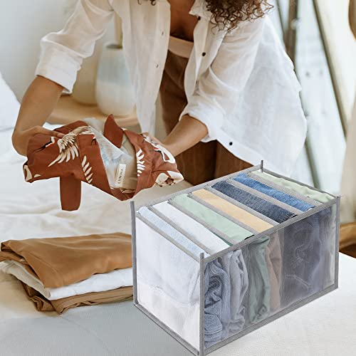 Hodeuineer Wardrobe Clothes Organizer for Jeans,7 Grid Foldable Drawer Organizers For Clothing,Clothes drawer Organizer for Thin Pants,Mesh Clothes Organizer For Folded Clothes(2Pack,Gray Upgraded)