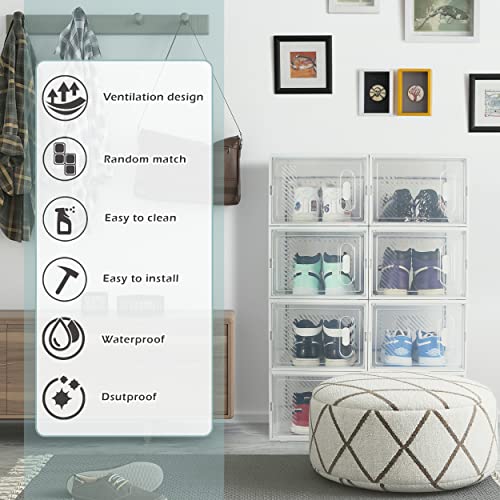 Hrrsaki 8 Pack X-Large Shoe Storage Boxes, Shoe Boxes Clear Plastic Stackable, Shoe Organizer Boxes with Front Opening Lids, Ventilation and Dust-proof, Shoe Container Boxes for Closet, Bedroom, Bathroom, Fit for Women/Men Size 14(14β x 11β x 8.3β) (white
