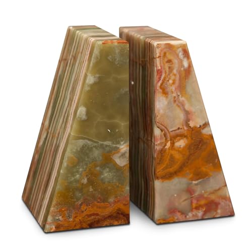 Modern Wedge Marble Bookends – Hand Carved, Polished Stone Bookends w/Non-Slip Rubber Pads – Lightweight & Compact Decorative Bookends (Whirl Green Onyx)