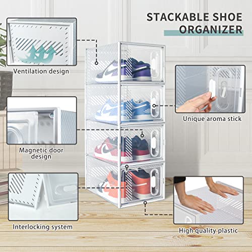 Hrrsaki 8 Pack X-Large Shoe Storage Boxes, Shoe Boxes Clear Plastic Stackable, Shoe Organizer Boxes with Front Opening Lids, Ventilation and Dust-proof, Shoe Container Boxes for Closet, Bedroom, Bathroom, Fit for Women/Men Size 14(14β x 11β x 8.3β) (white