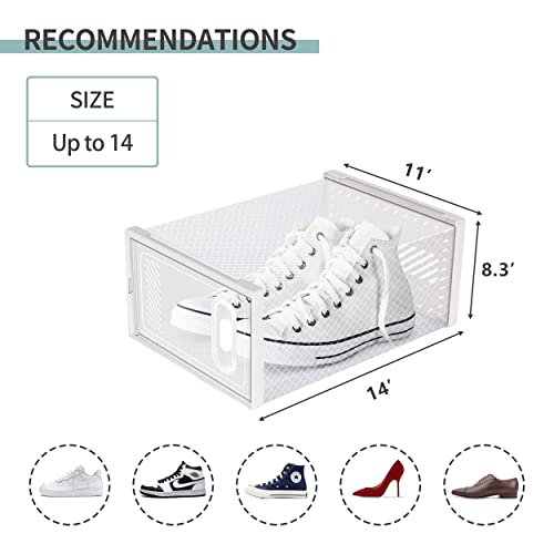 Hrrsaki 8 Pack X-Large Shoe Storage Boxes, Shoe Boxes Clear Plastic Stackable, Shoe Organizer Boxes with Front Opening Lids, Ventilation and Dust-proof, Shoe Container Boxes for Closet, Bedroom, Bathroom, Fit for Women/Men Size 14(14β x 11β x 8.3β) (white