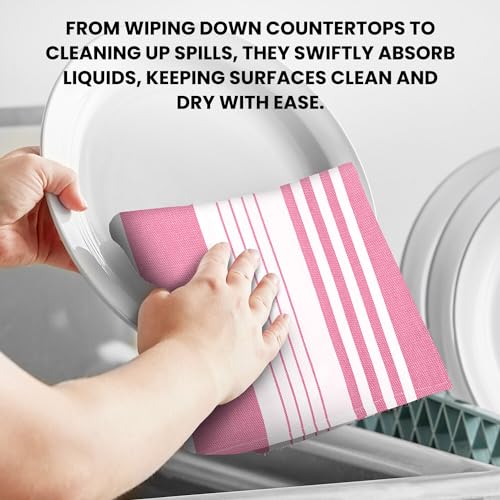 Candy Cottons Stripe Kitchen Towels Decor Mordern Design Centreband Dish Towels Boho Stripe Absorbent Festive Gift Set of 6 Pantry Reusable Kitchen Dish Towel|Easter Spring Decor 18x28 in |Pink