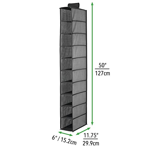 mDesign Soft Fabric Closet Organizer - Holds Shoes, Handbags, Clutches, Accessories - 10 Shelf Over Rod Hanging Storage Unit - Textured Print - Charcoal Gray/Black