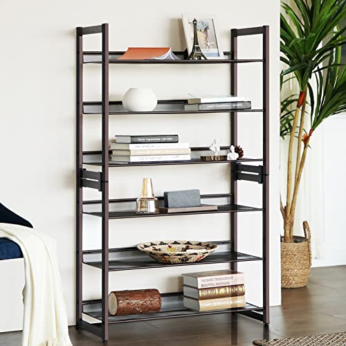 SONGMICS 6-Tier Shoe Rack Storage, Metal Shoe Organizer Stand for Garage, Entryway, Set of 2 3-Tier Stackable Shoe Rack Shelf, with Adjustable Flat or Angled Shelves, Holds 18-24 Pairs, Bronze