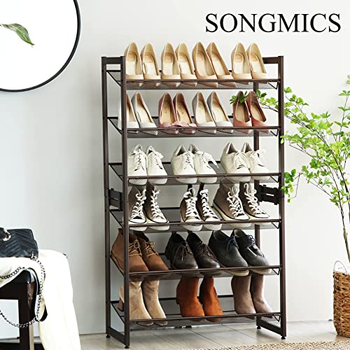 SONGMICS 6-Tier Shoe Rack Storage, Metal Shoe Organizer Stand for Garage, Entryway, Set of 2 3-Tier Stackable Shoe Rack Shelf, with Adjustable Flat or Angled Shelves, Holds 18-24 Pairs, Bronze