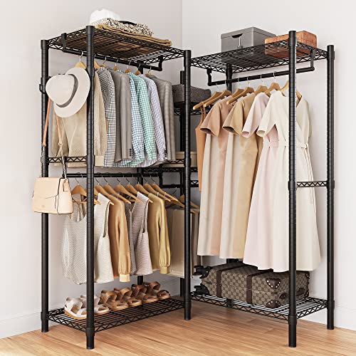 Amyove Clothes Rack Heavy Duty Garment Rack Portable Wardrobe Closet with Adjustable Shelves, Hanging Rods, Side Hooks for Hanging Clothes, Freestanding & L-shaped Closet (0.75 inch Diameter, Black)