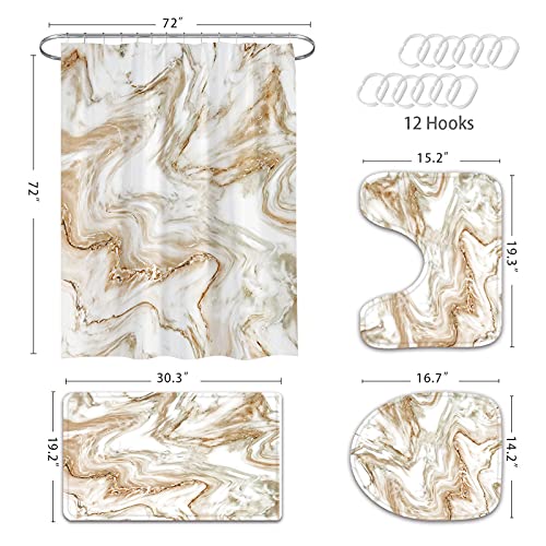 MitoVilla 4 Pcs Brown Marble Shower Curtain Sets with Rugs, Tan Bathroom Decor Sets with Shower Curtain and Rugs and Accessories, Modern Bathroom Curtain Sets with Mats