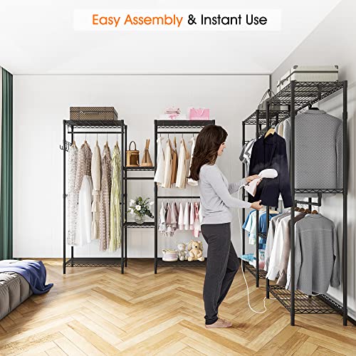 Amyove Clothes Rack Heavy Duty Garment Rack Portable Wardrobe Closet with Adjustable Shelves, Hanging Rods, Side Hooks for Hanging Clothes, Freestanding & L-shaped Closet (0.75 inch Diameter, Black)