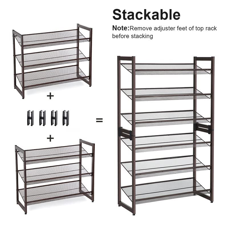 SONGMICS 6-Tier Shoe Rack Storage, Metal Shoe Organizer Stand for Garage, Entryway, Set of 2 3-Tier Stackable Shoe Rack Shelf, with Adjustable Flat or Angled Shelves, Holds 18-24 Pairs, Bronze