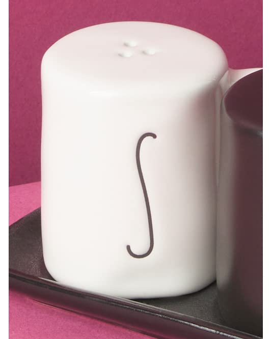 Rae Dunn By Magenta 3 Piece S & P Mug Shaped Ceramic LL White Salt & Black Pepper Shakers With Black Ceramic Tray