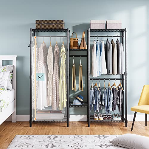 Amyove Clothes Rack Heavy Duty Garment Rack Portable Wardrobe Closet with Adjustable Shelves, Hanging Rods, Side Hooks for Hanging Clothes, Freestanding & L-shaped Closet (0.75 inch Diameter, Black)
