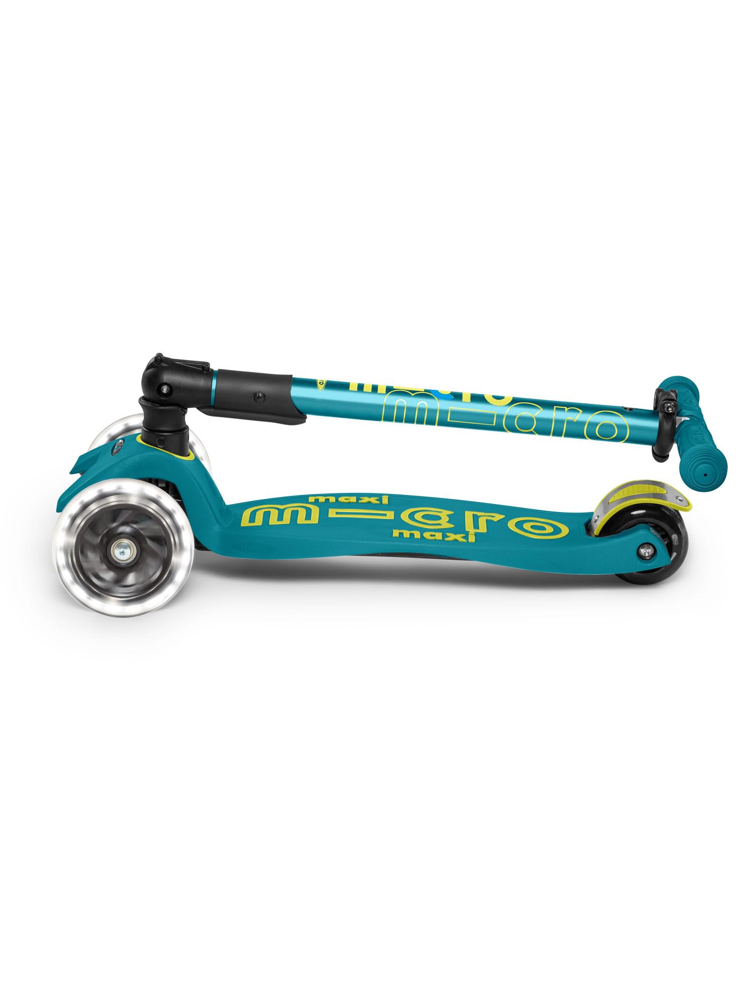 Micro Kickboard - Maxi Deluxe Foldable LED - Three Wheeled, Lean-to-Steer, Fold-to-Carry Swiss-Designed Micro Scooter for Kids with Motion-Activated Light-Up Wheels for Ages 5-12 (Petrol Green)
