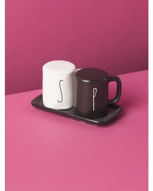 Rae Dunn By Magenta 3 Piece S & P Mug Shaped Ceramic LL White Salt & Black Pepper Shakers With Black Ceramic Tray