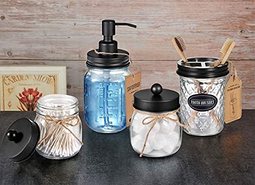 Amolliar 4PCS & 2pcs Black Mason Jar Bathroom Accessories Set-3 pcs Lotion Soap Dispenser & 2 pcs Cotton Swab Holder &1pcs Toothbrush Holder,Waterproof Stickers,Rustic Farmhouse Decor