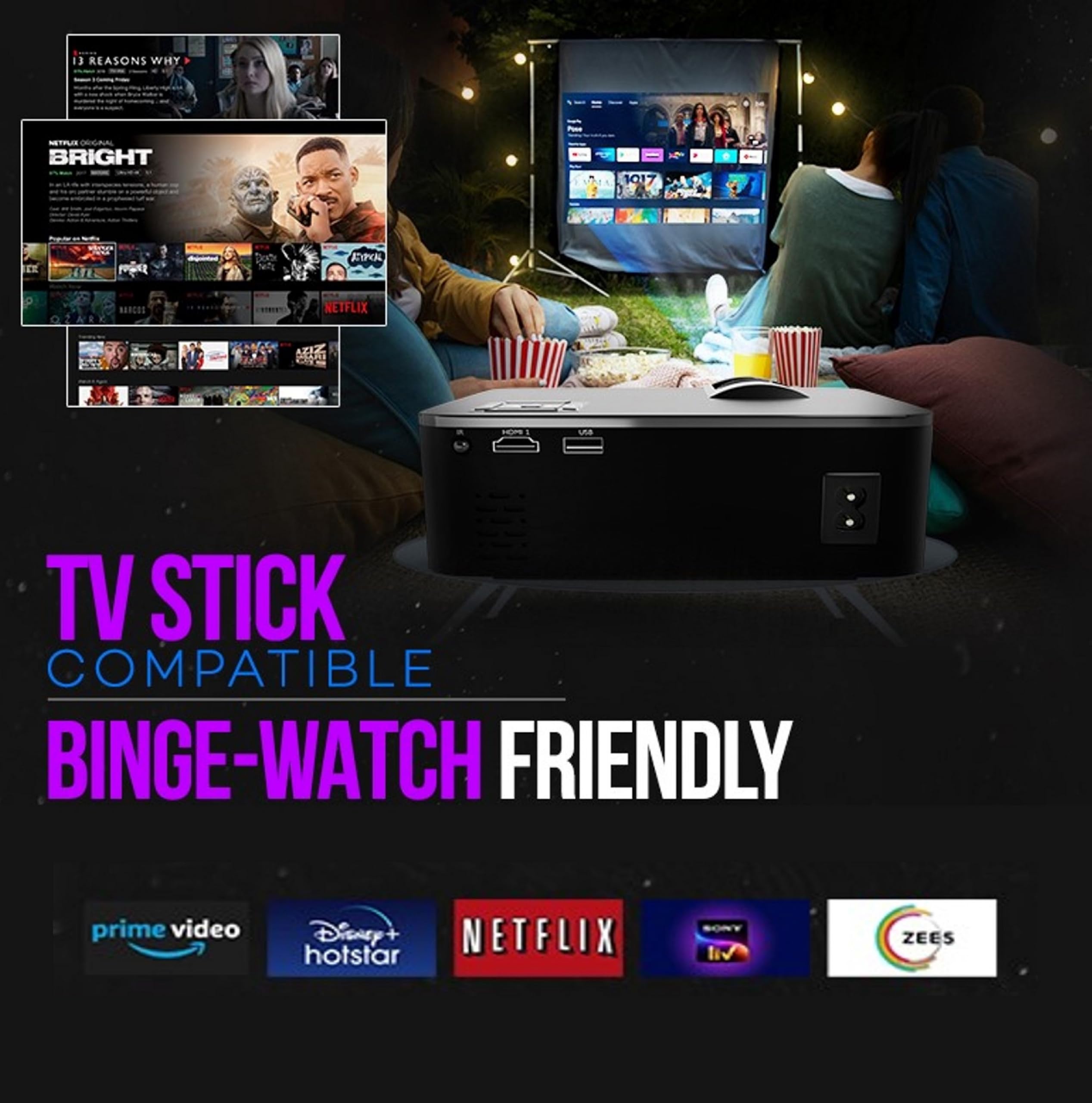 Egate Bluetooth Projector, Full HD 1080p Native with 4k TV stick support, 300 ANSI, 210" Max Screen Size | Inbuilt Speaker | AV, VGA, HDMI, SD Card, USB, Audio Out | (i9 Pro-Max, Black)