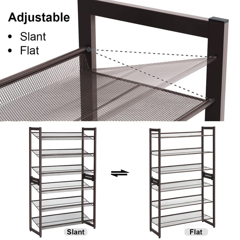 SONGMICS 6-Tier Shoe Rack Storage, Metal Shoe Organizer Stand for Garage, Entryway, Set of 2 3-Tier Stackable Shoe Rack Shelf, with Adjustable Flat or Angled Shelves, Holds 18-24 Pairs, Bronze