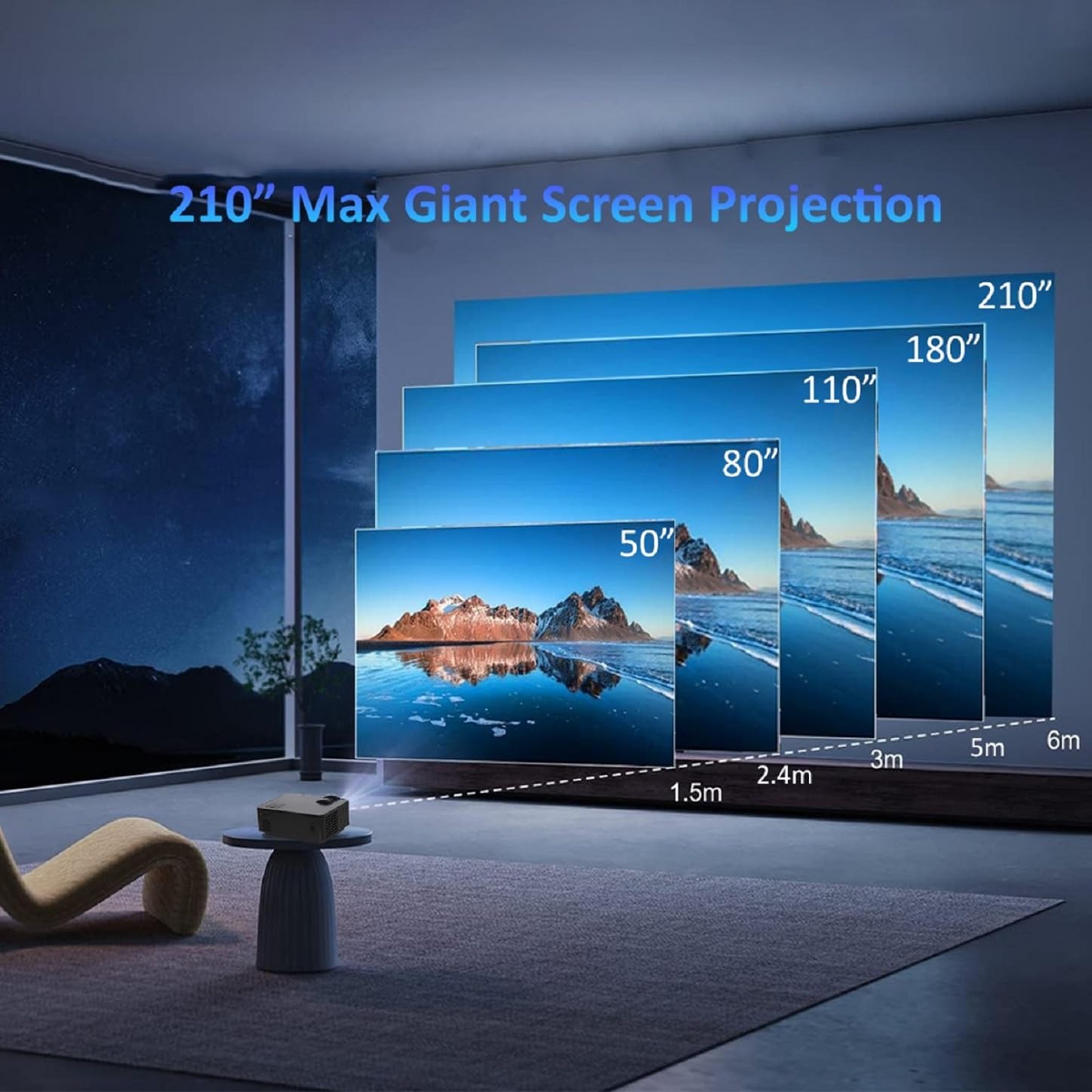 Egate Bluetooth Projector, Full HD 1080p Native with 4k TV stick support, 300 ANSI, 210" Max Screen Size | Inbuilt Speaker | AV, VGA, HDMI, SD Card, USB, Audio Out | (i9 Pro-Max, Black)