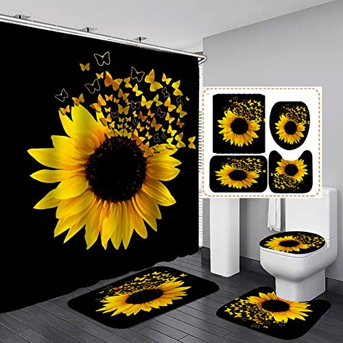 Jayden&Madge 4PCS/Set Magic Butterfly Sunflower Shower Curtain Flower Bathroom Set, Waterproof Fabric Cloth Bath Curtain, Non-Slip Bathroom Rugs Toilet Rugs Bath Mats, Floral Bathroom Decor, Butterfly