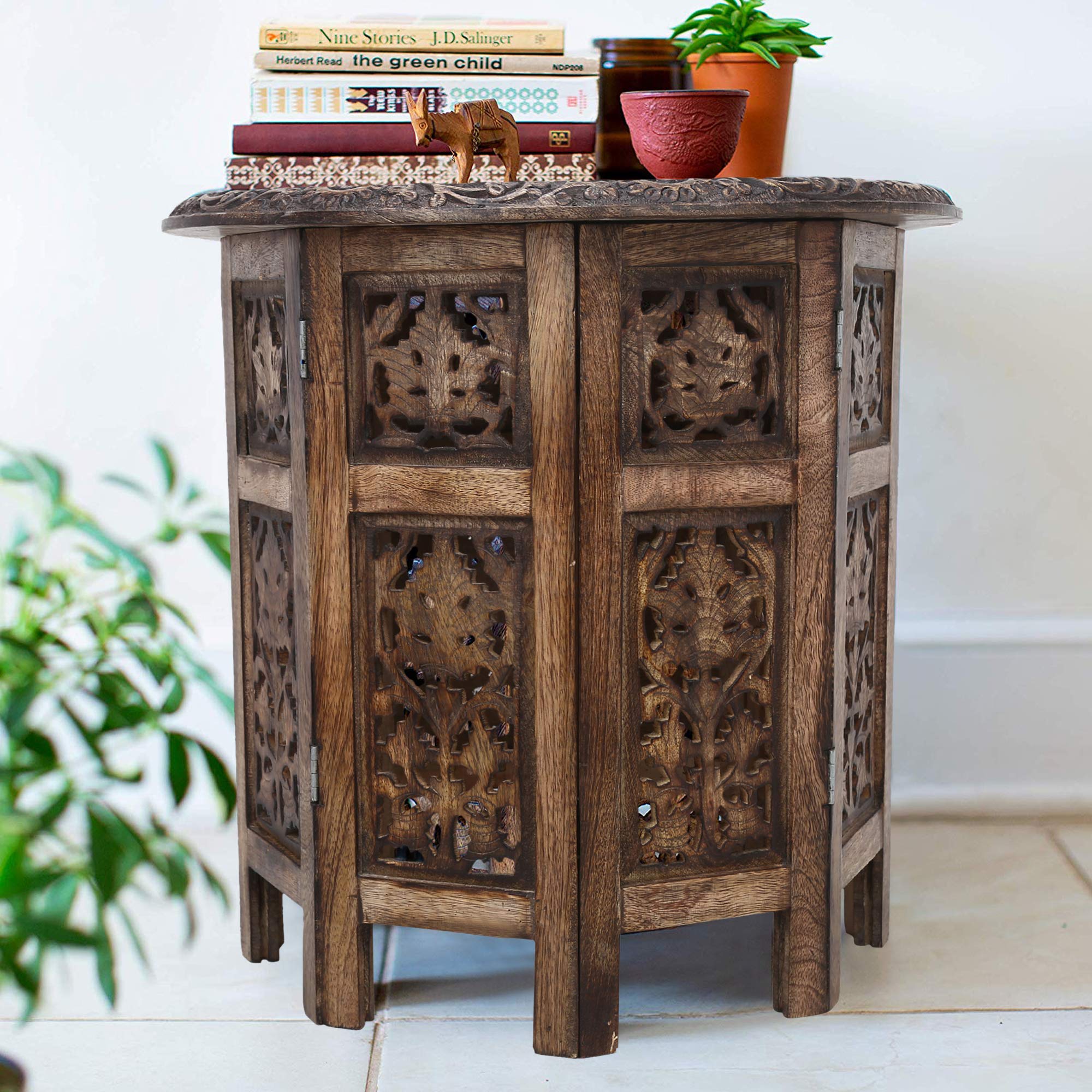 RAJRANG Antique Coffee Table Round Boho End Furniture Carved Room Wooden Side Indian Décor 18 Inches