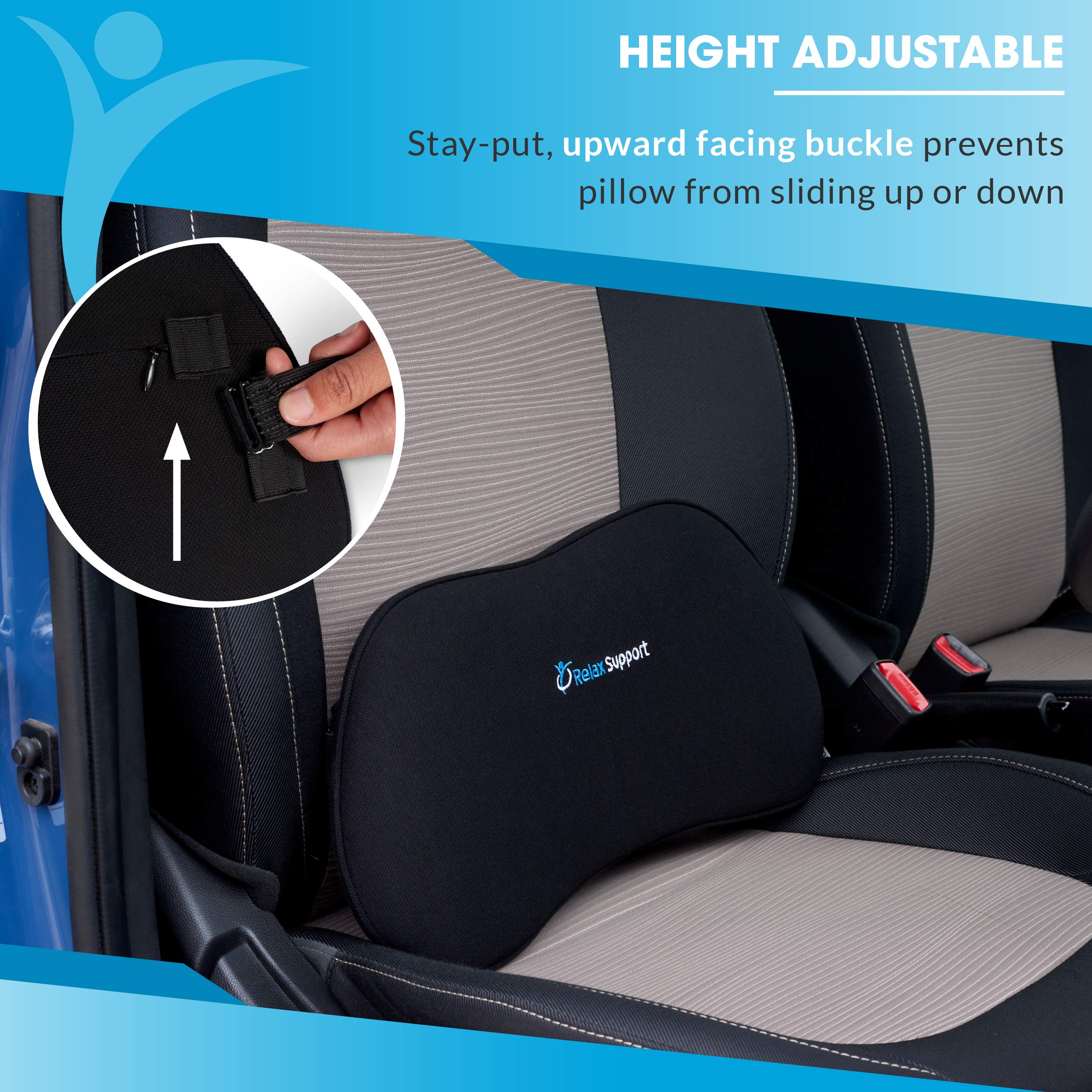 RELAX SUPPORT RS13-S Lumbar Support Pillow for Car - Full Memory Foam, Adjustable Dual Straps, Medium Firm - Promotes Good Spinal Posture&Comfortable Sitting While Driving - Back Support for Car Seat