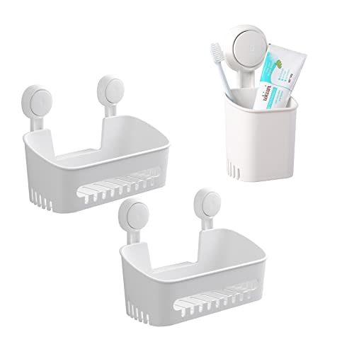 TAILI Suction Shower Caddy 2 Pack & Suction Toothbrush Holder, Bathroom Shower Basket Wall Mounted Shower Organizer Shelf for Shampoo, Body Wash, Conditioner, Shower Accessories, Drill-Free Removable