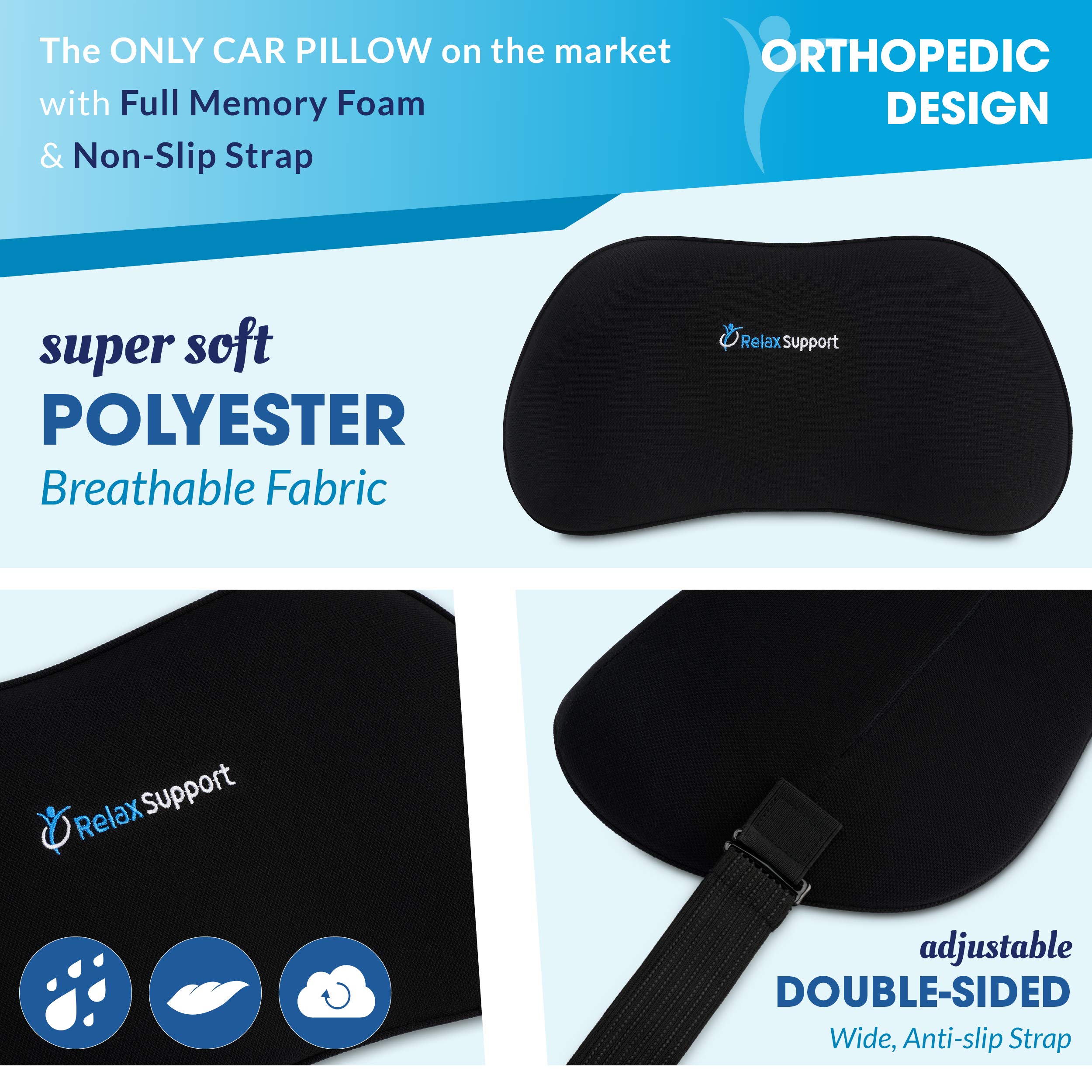 RELAX SUPPORT RS13-S Lumbar Support Pillow for Car - Full Memory Foam, Adjustable Dual Straps, Medium Firm - Promotes Good Spinal Posture&Comfortable Sitting While Driving - Back Support for Car Seat