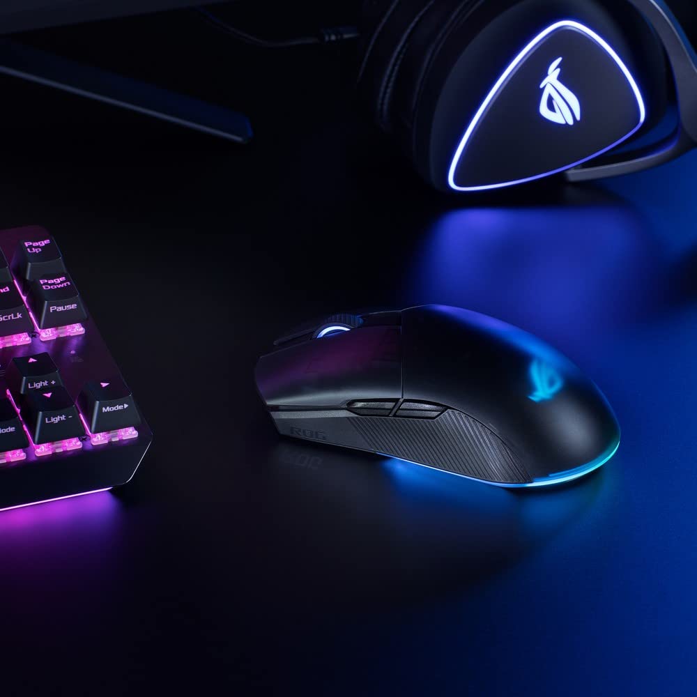 ASUS ROG PUGIO II Mouse Gaming RGB Ottico Wireless, Bluetooth, USB, ambidestro, 16.000 DPI, 7 pulsanti programmabili, pulsanti laterali configurabili, illuminazione Aura Sync