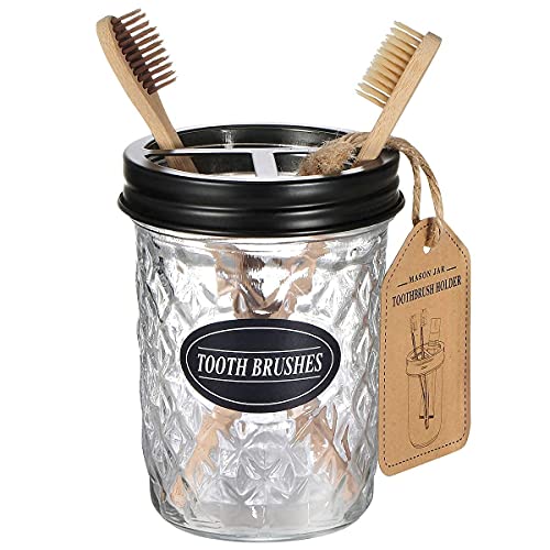 Amolliar 4PCS & 2pcs Black Mason Jar Bathroom Accessories Set-3 pcs Lotion Soap Dispenser & 2 pcs Cotton Swab Holder &1pcs Toothbrush Holder,Waterproof Stickers,Rustic Farmhouse Decor