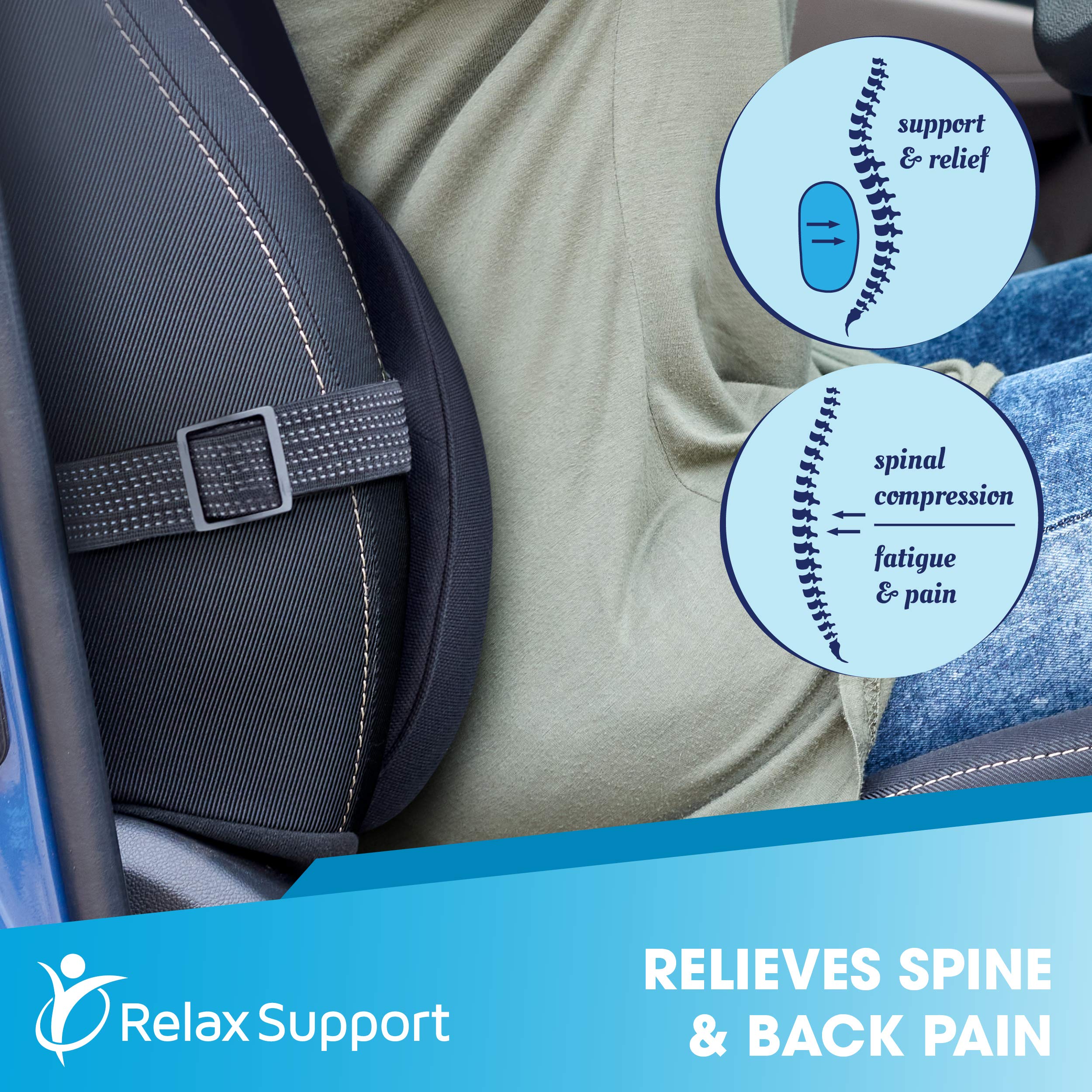 RELAX SUPPORT RS13-S Lumbar Support Pillow for Car - Full Memory Foam, Adjustable Dual Straps, Medium Firm - Promotes Good Spinal Posture&Comfortable Sitting While Driving - Back Support for Car Seat