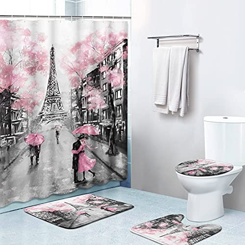 Britimes 4 Piece Shower Curtain Sets, with 12 Hooks, Oil Painting Pink Gray Paris with Non-Slip Rugs, Toilet Lid Cover and Bath Mat, Durable and Waterproof, for Bathroom Decor Set, 72" x 72"
