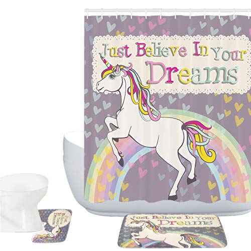 Amagical Teen Girls Decor Bathroom Mat Set Shower Curtain Set 3Piece Unicorn with Believe in Your Dreams Bathtub Mat Contour Mat Fabric Shower Curtain