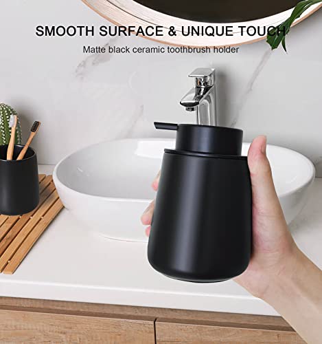 Matte Black Ceramic Soap Dispenser and Toothbrush Holder Set of 2, 12oz Hand Dish Soap Dispenser - Toothbrush and Toothpaste Cup Holders for Bathroom, Kitchen, Countertop Dresser