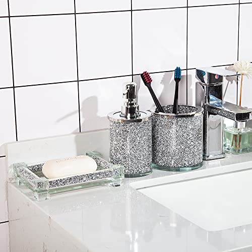 SHYFOY Bathroom Accessories Set, 3 Piece Silver Crystal Diamond Bathroom Accessory Decor Sets, Glass Bath Restroom Set Vanity Organizer Includes Soap Dispenser, Toothbrush Holder, Soap Dish