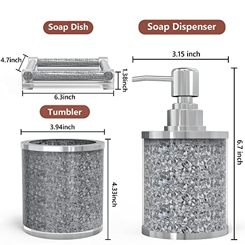 SHYFOY Bathroom Accessories Set, 3 Piece Silver Crystal Diamond Bathroom Accessory Decor Sets, Glass Bath Restroom Set Vanity Organizer Includes Soap Dispenser, Toothbrush Holder, Soap Dish