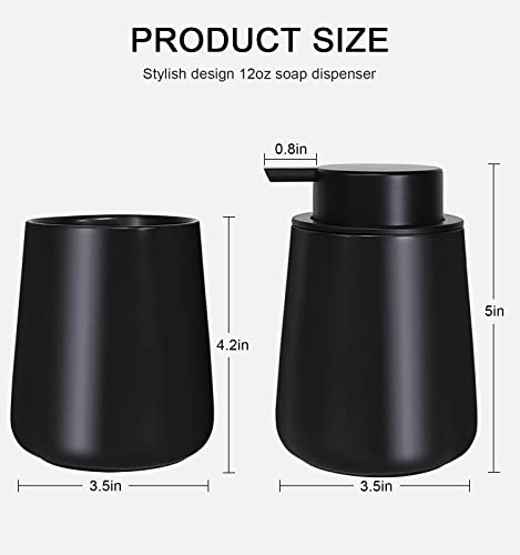 Matte Black Ceramic Soap Dispenser and Toothbrush Holder Set of 2, 12oz Hand Dish Soap Dispenser - Toothbrush and Toothpaste Cup Holders for Bathroom, Kitchen, Countertop Dresser