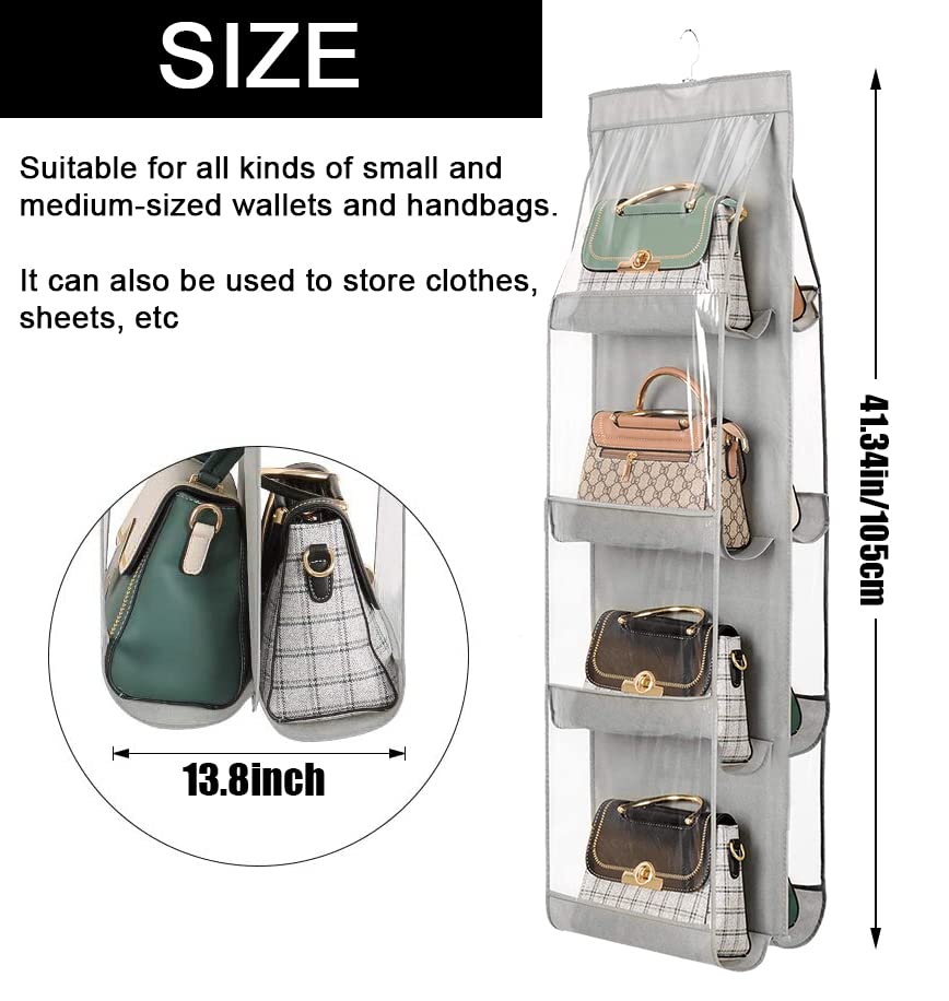 ZB.soar Handbag Purse Organizer, 8 Pockets, Dust Proof Purse Organizer Closet, Wardrobe Closet Organizer, Washable Handbag Organizer for Women Small and Medium Size Handbags Purse (Grey)