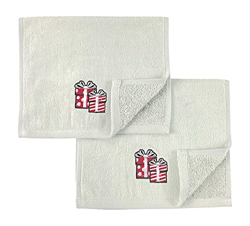 Christmas Fingertip Towel Set: Gnome Present Like Your Present, Grey Hand Towels with Red White Embroidery Jolly Gnome Present, Set of 2
