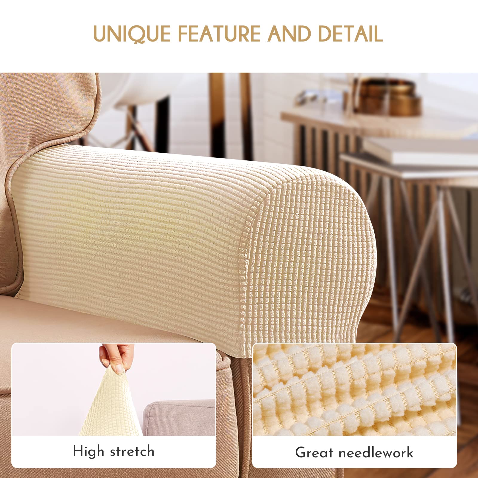 BESPORTBLE Chair Arm Protectors Sofa Armrest Cover Stretch Armchair Slipcover Protector Elastic Home Office Recliner Couch Loveseat Cloth 2pcs (Rice White)