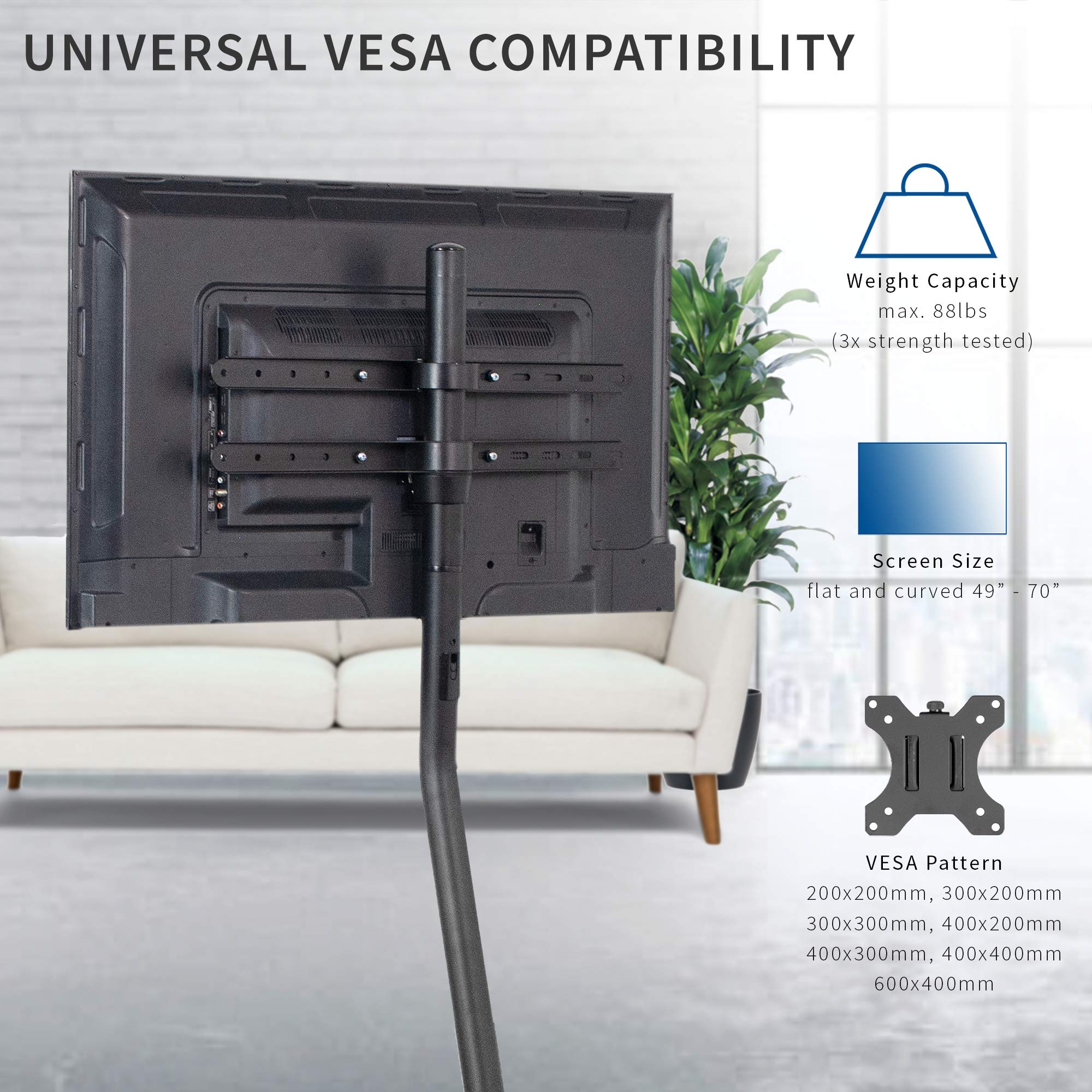 VIVO Space Saving 49 to 70 inch LED LCD Studio TV Display Stand, Television Mount with V-Base, Holds VESA up to 600x400, Black STAND-TV70B