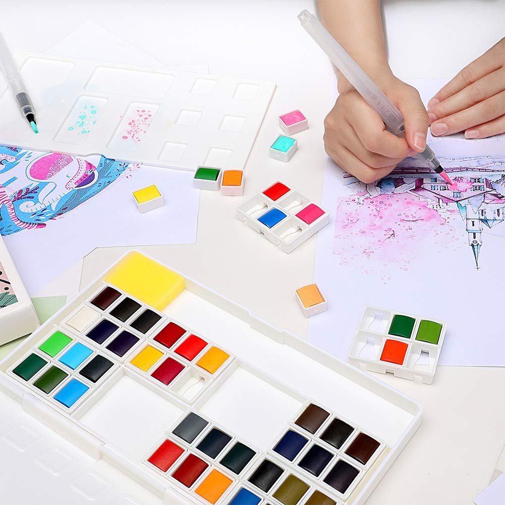 48 Watercolor Paints Set, Art Supplies Portable Watercolor Paint Kit - 2 Refillable Special Water Brush Pens, Sponge and Watercolor Palette