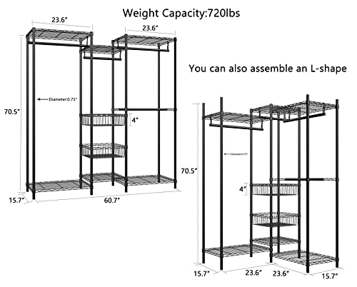 Xiofio 6 Tiers Heavy Duty Garment Rack,Clothing Storage Organizer, Metal Clothing Rack,Clothing Rack with Hanging Rod,Adjustable Shelf and Fixed Baskets,60.7"L x 15.7"W x 70.5"H Max Load 720LBS,BlackĀ·