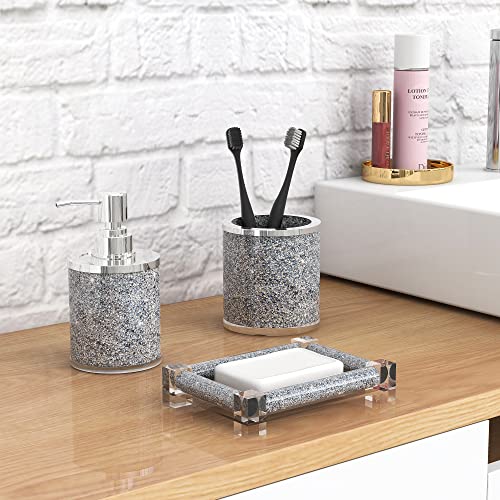 SHYFOY Bathroom Accessories Set, 3 Piece Silver Crystal Diamond Bathroom Accessory Decor Sets, Glass Bath Restroom Set Vanity Organizer Includes Soap Dispenser, Toothbrush Holder, Soap Dish