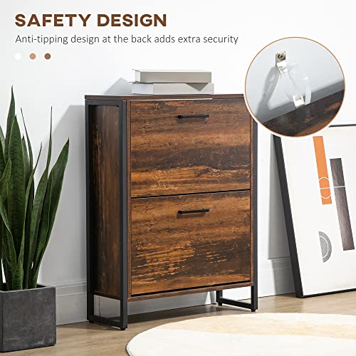 HOMCOM Shoe Cabinet with 2 Flip Doors, Slim 2-Drawer Shoe Cupboard with Divider and Open Compartment for 12 Pairs of Shoes, Entryway Storage Unit, Rustic Brown